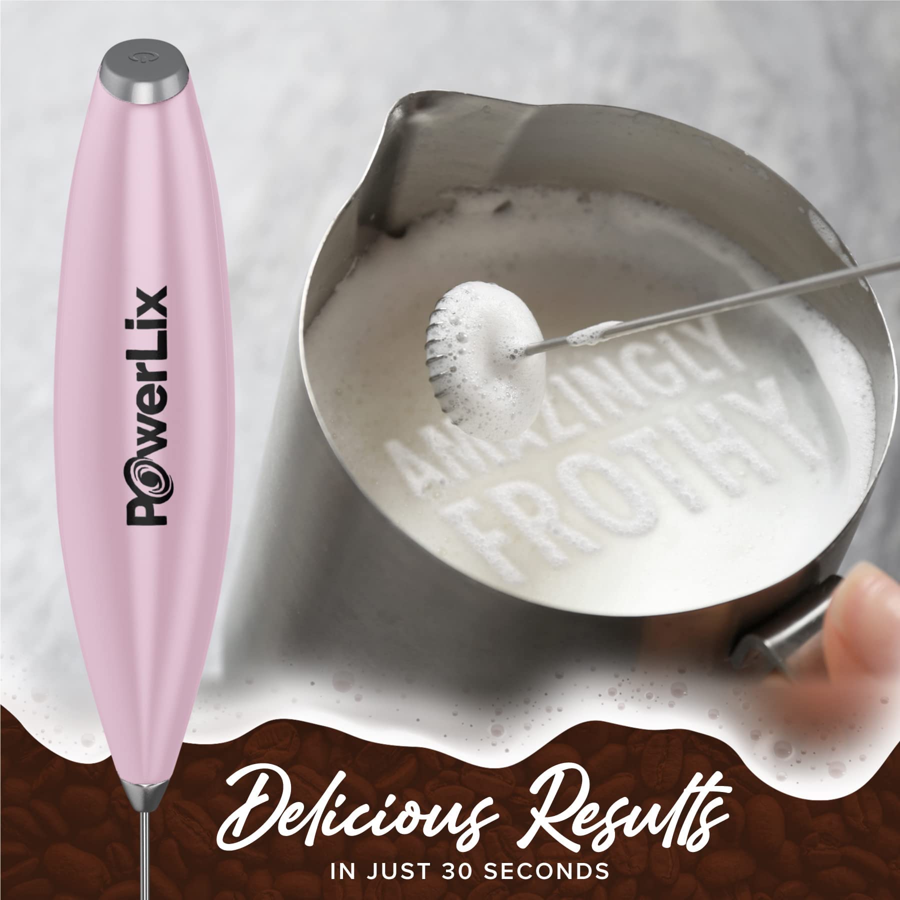 PowerLix Powerful Handheld Milk Frother With Stand Battery Operated Foam Maker Frother Wand For Coffee (A Black) (Light Pink)