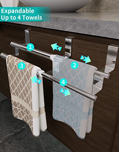 HapiRm Kitchen Towel Holder, Expandable Double Over The Cabinet Towel Holder, Stainless Steel Towel Hanger for Universal Fit on Inside or Outside of Cupboard Doors, Silver(for 0.8in Cabinet Doors)