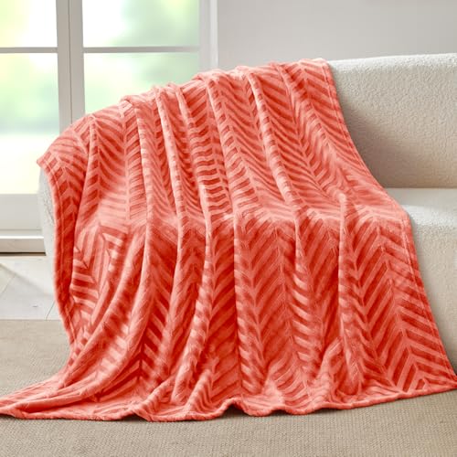 Whale Flotilla Flannel Fleece Throw Blanket for Couch Sofa Bed, Soft Velvet Lightweight Throws Plush Fluffy Chevron Design Decorative Blankets for All Season, 50x60 Inch, Coral