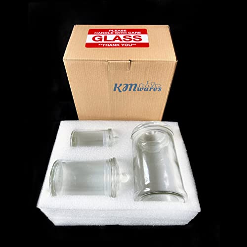 KMwares 3PCs Set Small Mini Clear Glass Premium Quality Apothecary Jars with lids Bathroom Accessories Set for Bathroom Laundry Room Storage or Kitchen / Vanity Organizer Canisters for Cotton Balls / Swabs, Makeup Sponges, Bath Salts, Q-Tips (Clear)