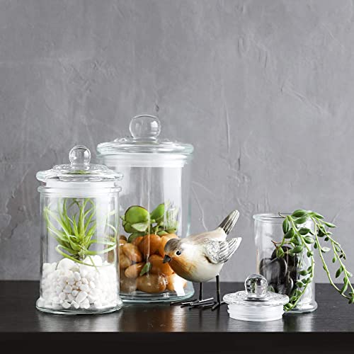 KMwares 3PCs Set Small Mini Clear Glass Premium Quality Apothecary Jars with lids Bathroom Accessories Set for Bathroom Laundry Room Storage or Kitchen / Vanity Organizer Canisters for Cotton Balls / Swabs, Makeup Sponges, Bath Salts, Q-Tips (Clear)