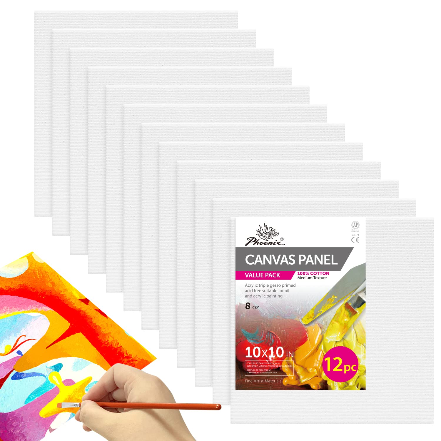 PHOENIX Painting Canvas Panels 10x10 Inch, 12 Value Pack - 8 Oz Triple Primed 100% Cotton Acid Free Square Canvas Boards for Painting, White Blank Flat Canvas Boards for Acrylic, Oil Paints