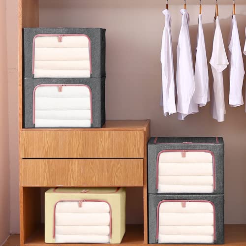 Homzing Closet Storage Bins Stackable Organizer Foldable Double Zipper Blanket Storage Bags 24L Storage Containers Linen Fabric 3 Pack for Bedding Closet Bedroom(Grey)