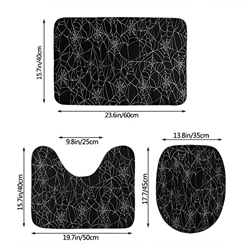 WONDERTIFY Spider Web Bathroom Antiskid Pad Halloween Gothic Scary Netting 3 Pieces Bathroom Rugs Set, Bath Mat+Contour+Toilet Lid Cover Black Grey