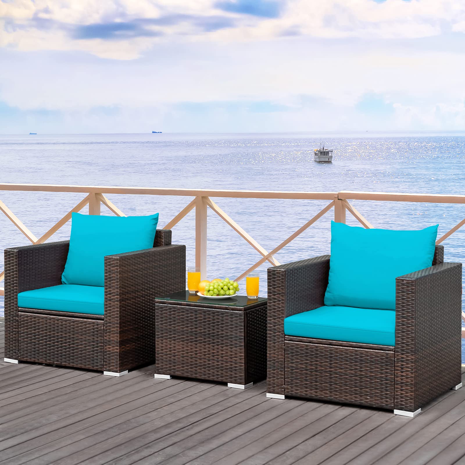 HAPPYGRILL 3 Pieces Patio Furniture Set PE Rattan Wicker Sofa Set with Cushions and Coffee Table Outdoor Patio Conversation Set for Garden Poolside Balcony