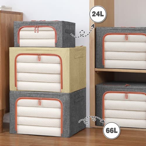 Homzing Closet Storage Bins Stackable Organizer Foldable Double Zipper Blanket Storage Bags 24L Storage Containers Linen Fabric 3 Pack for Bedding Closet Bedroom(Grey)