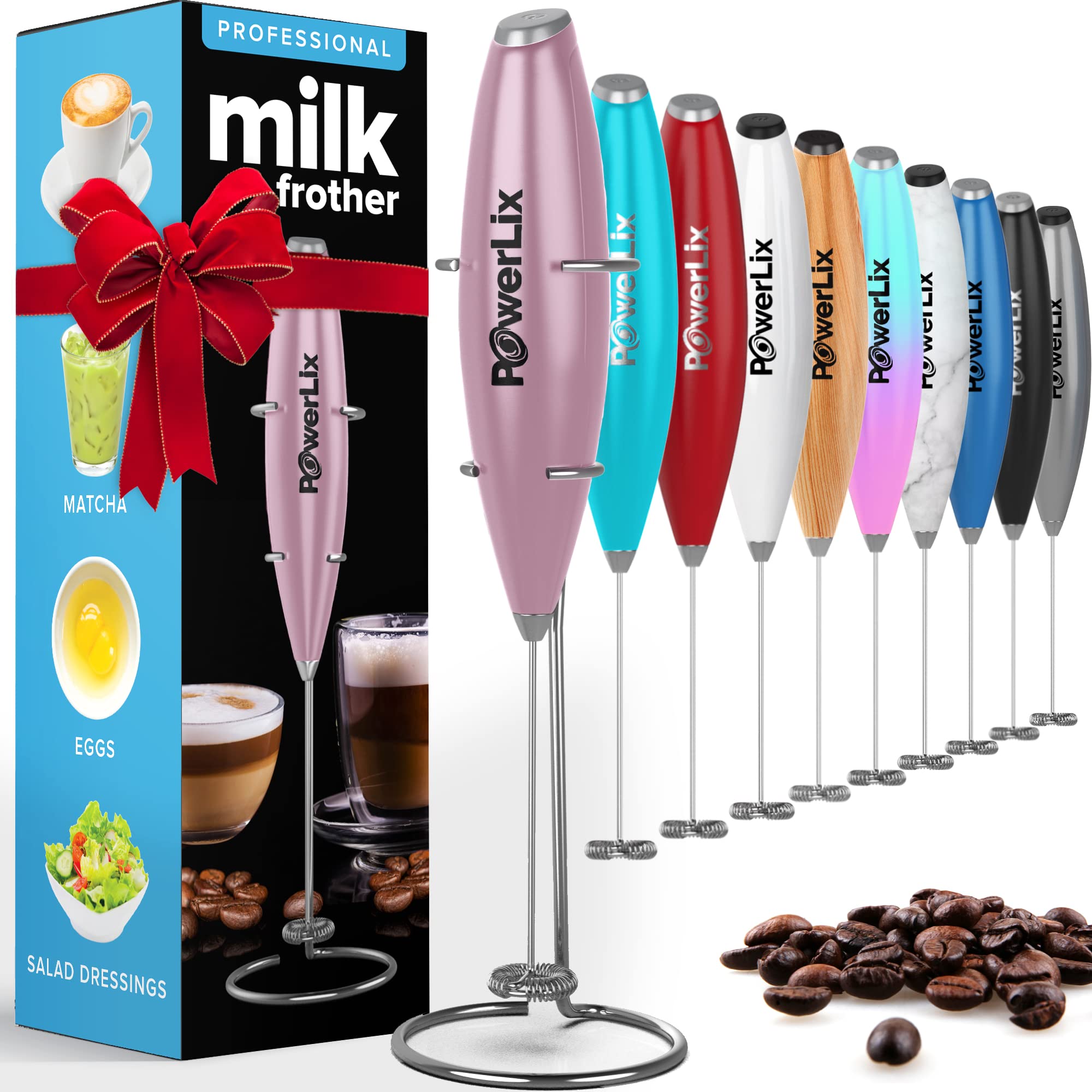 PowerLix Powerful Handheld Milk Frother With Stand Battery Operated Foam Maker Frother Wand For Coffee (A Black) (Light Pink)