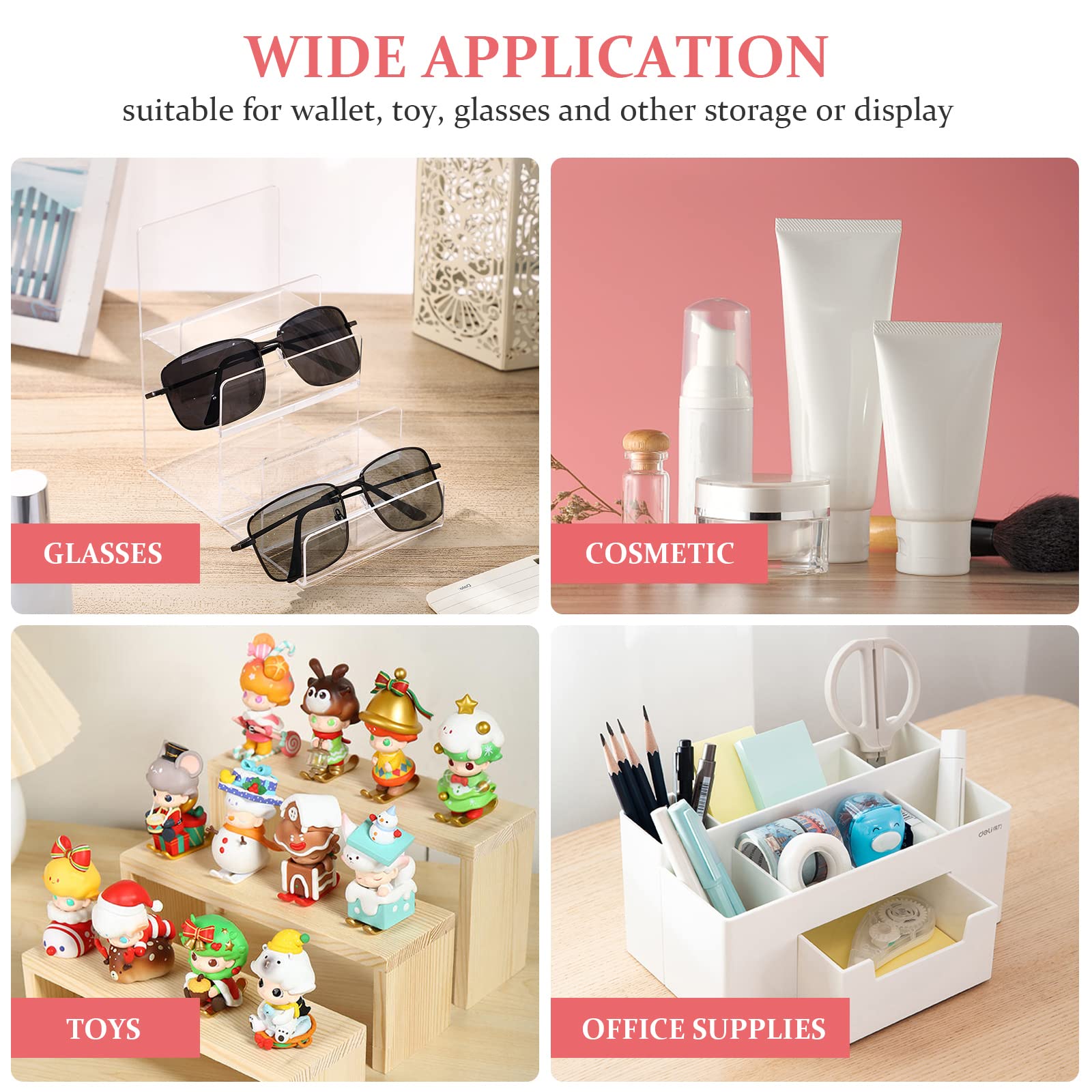 Cabilock Display Risers Acrylic Wallet Holder Stand Handbag Purse Display Shelf Jewelry Cosmetic Racks Organizer (4 Tier)