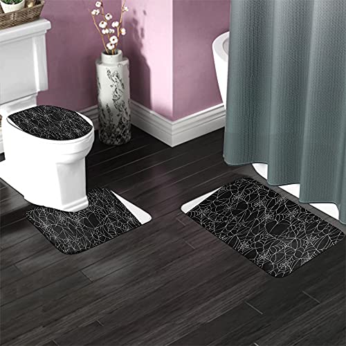 WONDERTIFY Spider Web Bathroom Antiskid Pad Halloween Gothic Scary Netting 3 Pieces Bathroom Rugs Set, Bath Mat+Contour+Toilet Lid Cover Black Grey
