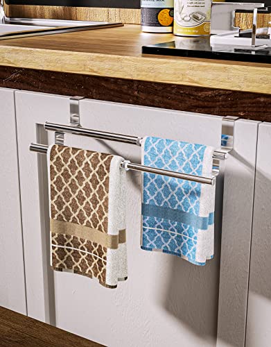 HapiRm Kitchen Towel Holder, Expandable Double Over The Cabinet Towel Holder, Stainless Steel Towel Hanger for Universal Fit on Inside or Outside of Cupboard Doors, Silver(for 0.8in Cabinet Doors)