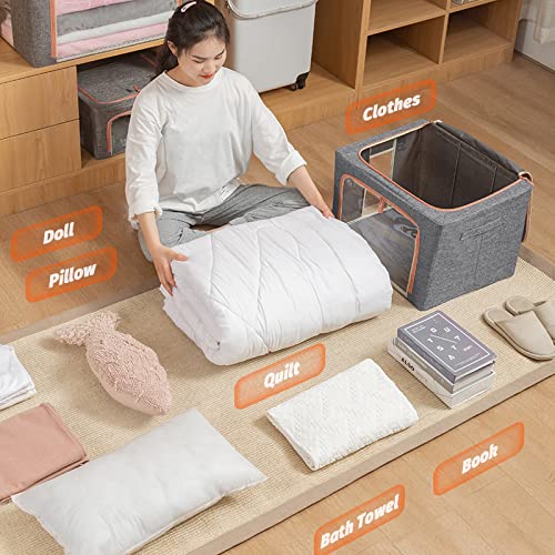 Homzing Closet Storage Bins Stackable Organizer Foldable Double Zipper Blanket Storage Bags 24L Storage Containers Linen Fabric 3 Pack for Bedding Closet Bedroom(Grey)