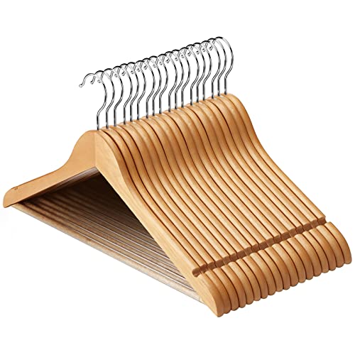 AMKUFO Wooden Hangers 20 Pack Wood Suit Hangers Non Slip Wooden Coat Hangers with Smooth Fnish Cut Notches 360Β° Swivel Hook Clothes Hangers for Jeans Pants Jackets Shirts Dresses, Natural
