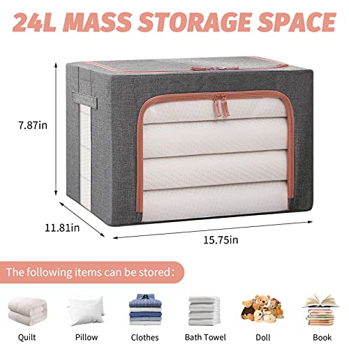 Homzing Closet Storage Bins Stackable Organizer Foldable Double Zipper Blanket Storage Bags 24L Storage Containers Linen Fabric 3 Pack for Bedding Closet Bedroom(Grey)