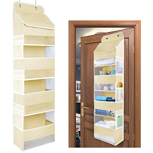 Pomeney Over Door Organizer with Dustproof Cover, Behind Door Storage 4 Large Pockets and 6 Side Pockets, Front Door Organizer for Diapers Organizer, Nonwoven Material Breathable,Beige