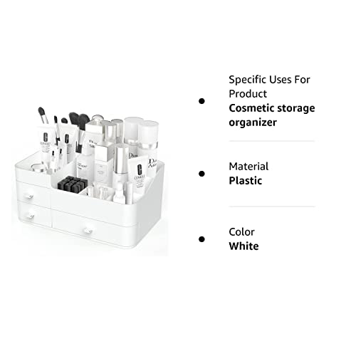 Makeup Organizer Storage with Drawers, Cosmetic Display Case for Brushes, Lotions, Perfumes, Eyeshadow, Nail Polish Ideal for Bathroom, Dresser, Countertop (White)