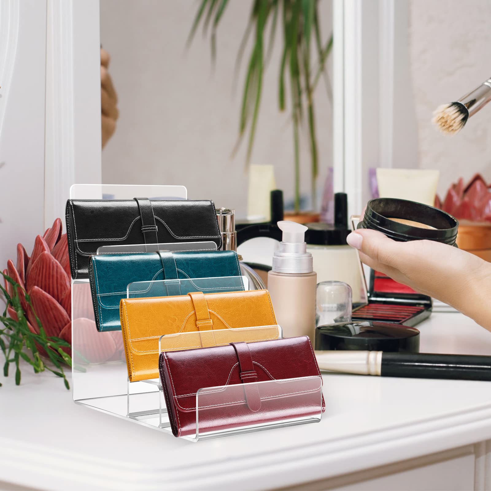 Cabilock Display Risers Acrylic Wallet Holder Stand Handbag Purse Display Shelf Jewelry Cosmetic Racks Organizer (4 Tier)