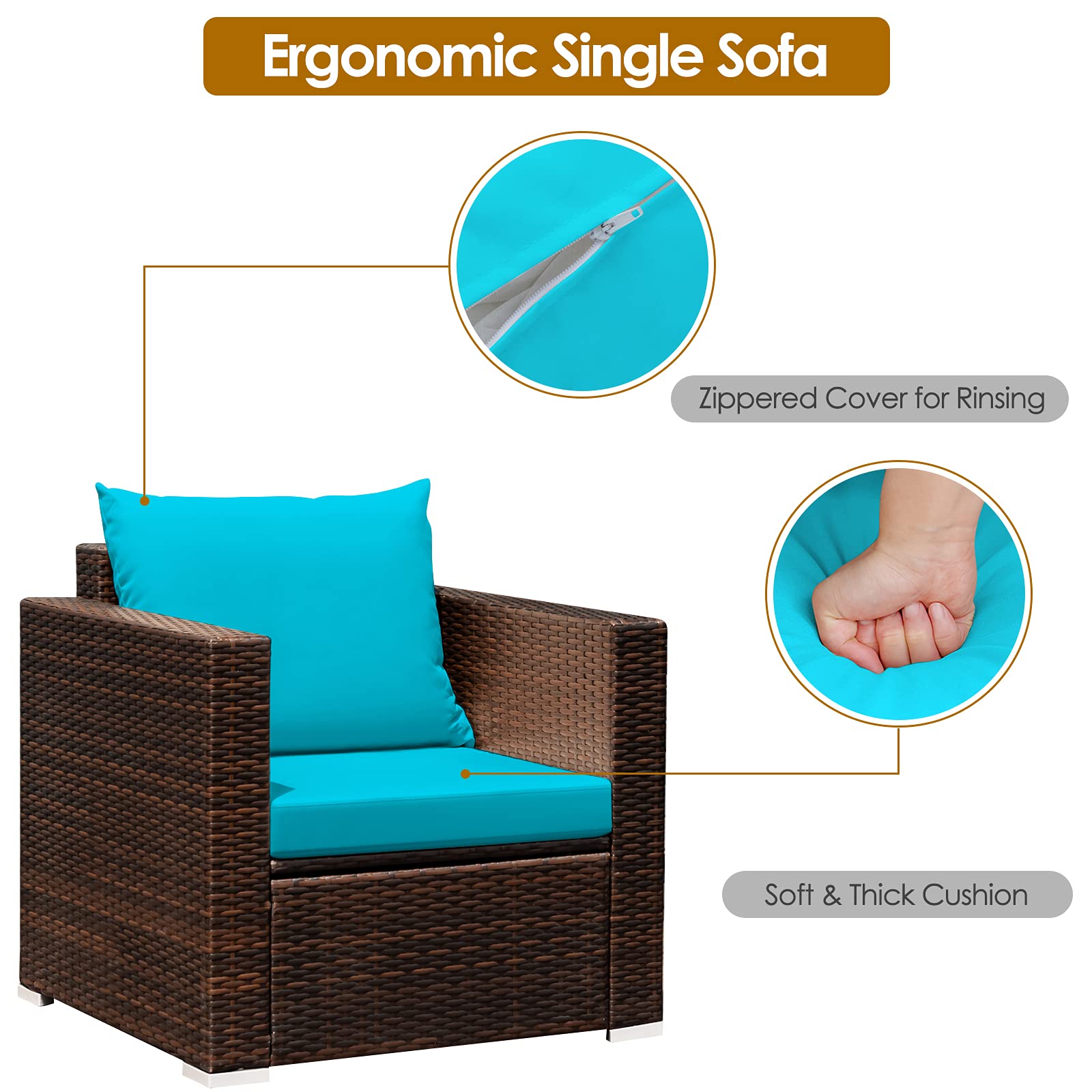 HAPPYGRILL 3 Pieces Patio Furniture Set PE Rattan Wicker Sofa Set with Cushions and Coffee Table Outdoor Patio Conversation Set for Garden Poolside Balcony
