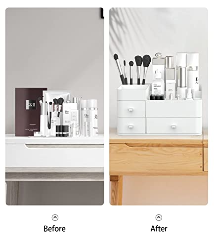 Makeup Organizer Storage with Drawers, Cosmetic Display Case for Brushes, Lotions, Perfumes, Eyeshadow, Nail Polish Ideal for Bathroom, Dresser, Countertop (White)