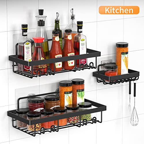 QUIUMES Shower Caddy, Bathroom Organizer Adhesive Shower Shelf [3-Pack], Rustproof Shower Shelves And 10 Hooks, No Drilling Required, Shower Organizer Perfect For Holding Shampoo, Soap And More.