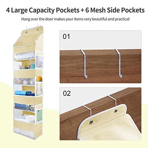 Pomeney Over Door Organizer with Dustproof Cover, Behind Door Storage 4 Large Pockets and 6 Side Pockets, Front Door Organizer for Diapers Organizer, Nonwoven Material Breathable,Beige