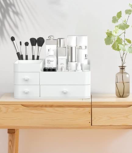 Makeup Organizer Storage with Drawers, Cosmetic Display Case for Brushes, Lotions, Perfumes, Eyeshadow, Nail Polish Ideal for Bathroom, Dresser, Countertop (White)