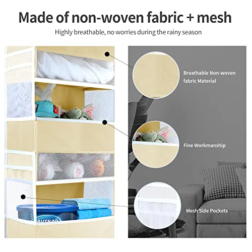 Pomeney Over Door Organizer with Dustproof Cover, Behind Door Storage 4 Large Pockets and 6 Side Pockets, Front Door Organizer for Diapers Organizer, Nonwoven Material Breathable,Beige