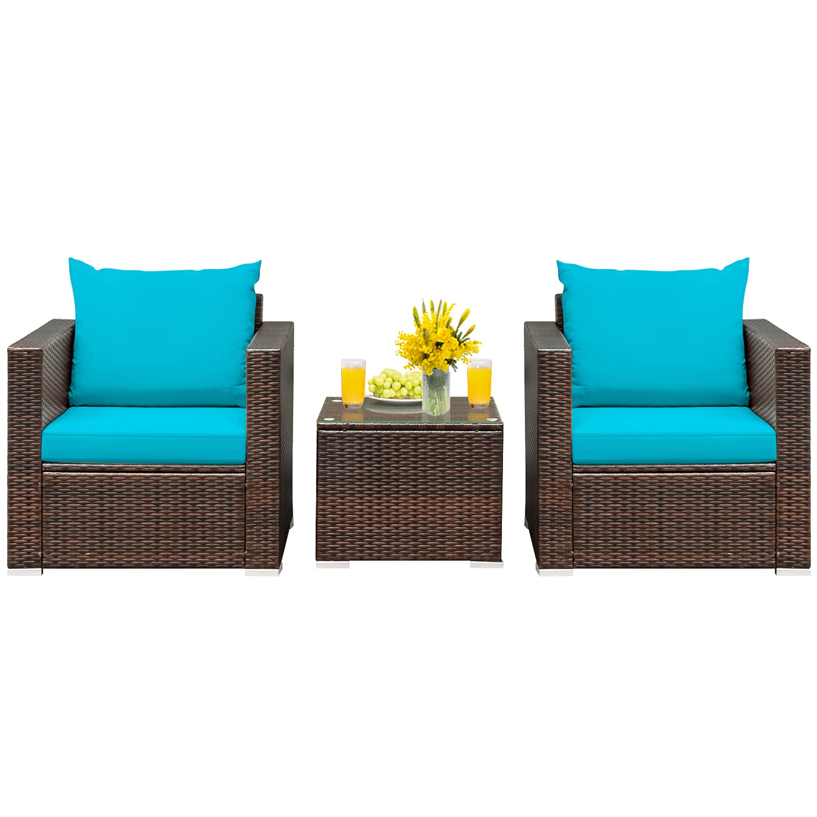 HAPPYGRILL 3 Pieces Patio Furniture Set PE Rattan Wicker Sofa Set with Cushions and Coffee Table Outdoor Patio Conversation Set for Garden Poolside Balcony
