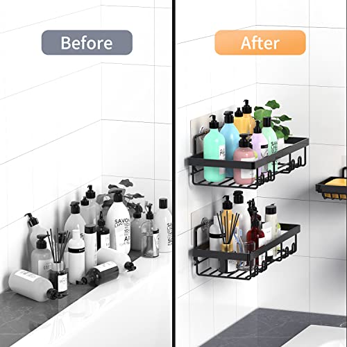 QUIUMES Shower Caddy, Bathroom Organizer Adhesive Shower Shelf [3-Pack], Rustproof Shower Shelves And 10 Hooks, No Drilling Required, Shower Organizer Perfect For Holding Shampoo, Soap And More.
