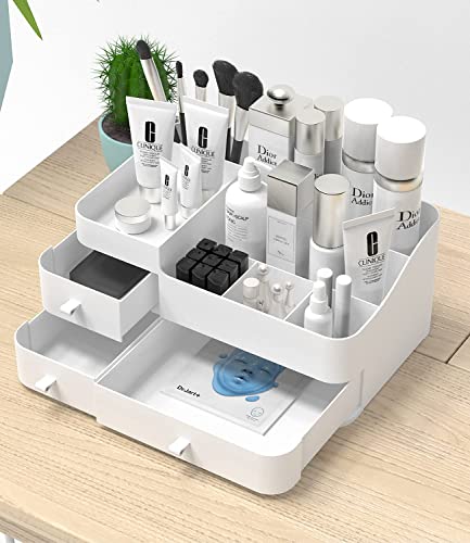 Makeup Organizer Storage with Drawers, Cosmetic Display Case for Brushes, Lotions, Perfumes, Eyeshadow, Nail Polish Ideal for Bathroom, Dresser, Countertop (White)