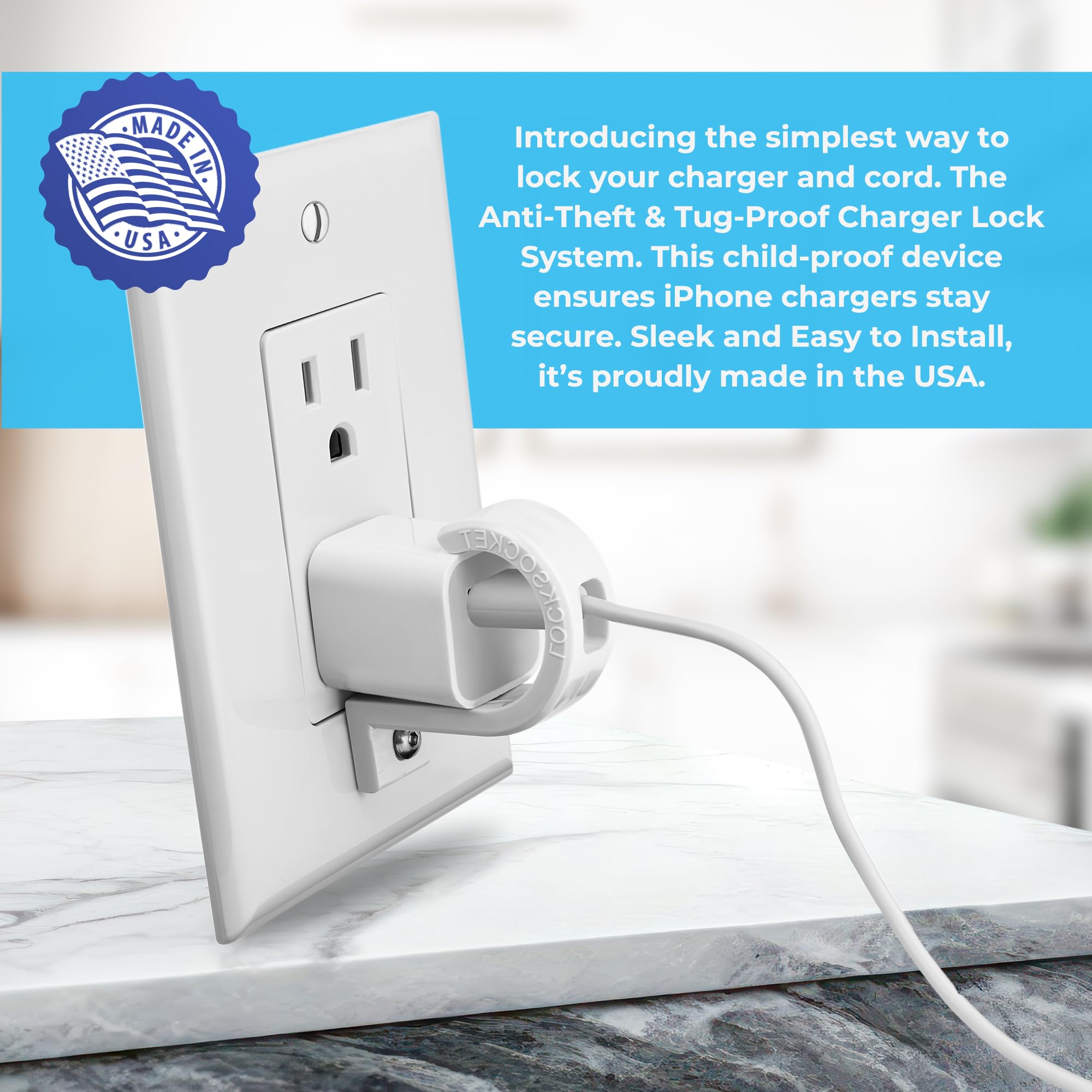 LOCK SOCKET Charger Lock - Anti Theft Cord & Outlet Lock, Firmly Secures Phone Chargers from Unplugging, for USB Charging Cube for iPhone, Includes Security Screw & Allen Wrench. 2 Pack