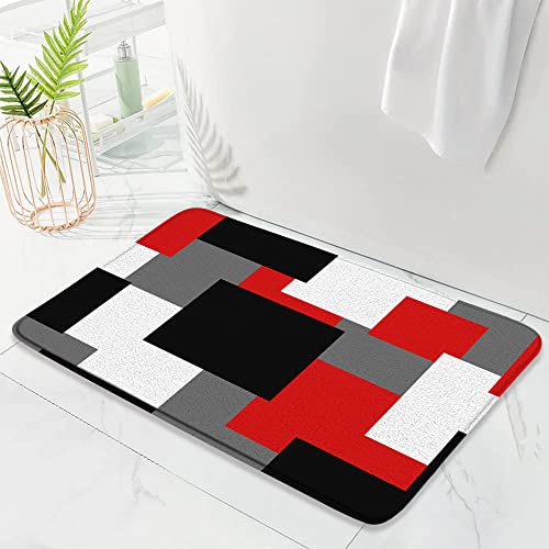 FEIERMAN Red Black Bath Mat White Gray Abstract Geometry Pattern Microfiber Memory Foam Bathroom Decor Mat Not Easy to Slide Backing 17.8X 29.5 Inch/45x 75cm