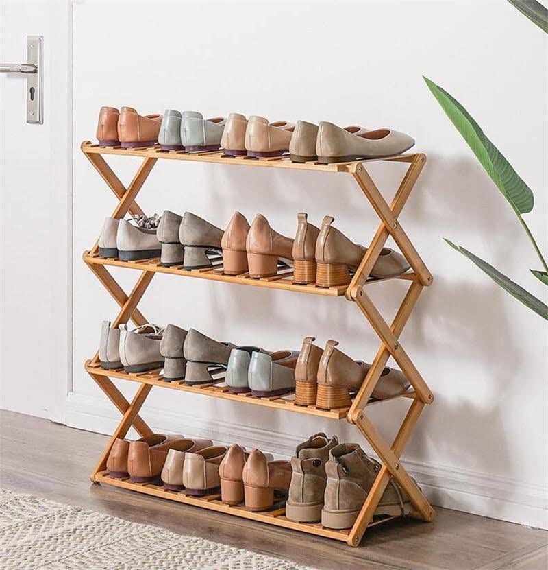 Mandorra Bamboo Shoe Rack 4 Tier Space Saving Free Standing Shoe Shelf No Assembly Foldable Shoe Rack Storage Organizer for Closet Hallway Bathroom Living Room Bedroom, Balcony, Folding (Natural)