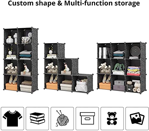 Aeitc 8 Cube Storage Organizer Closet Shelves Storage Cubes DIY Cubby Organizing Modular Cabinet Bookcase Cubby Closet Shelf for Bedroom, Living Room, Black with Clear Door