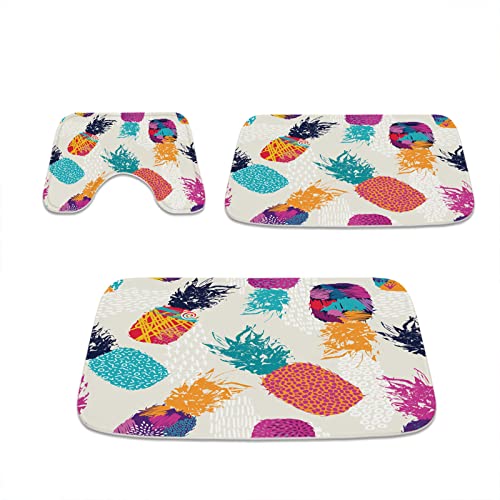 Kntiline Pineapple Bathroom Rugs and Mess Colorful Graffiti Mats Sets 3 Piece, Velvet Memory Foam Tropical Fruit Theme Bath Mat, Large Small and U-Shaped Contour Shower Mat Non-Slip Washable