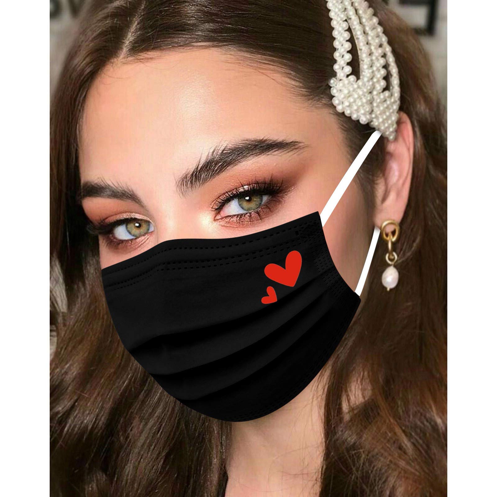 Black Disposable Face Masks for Women, 3Ply Paper Mask with Designs Cute Pattern Printed Full Face Protection 50PC (C)