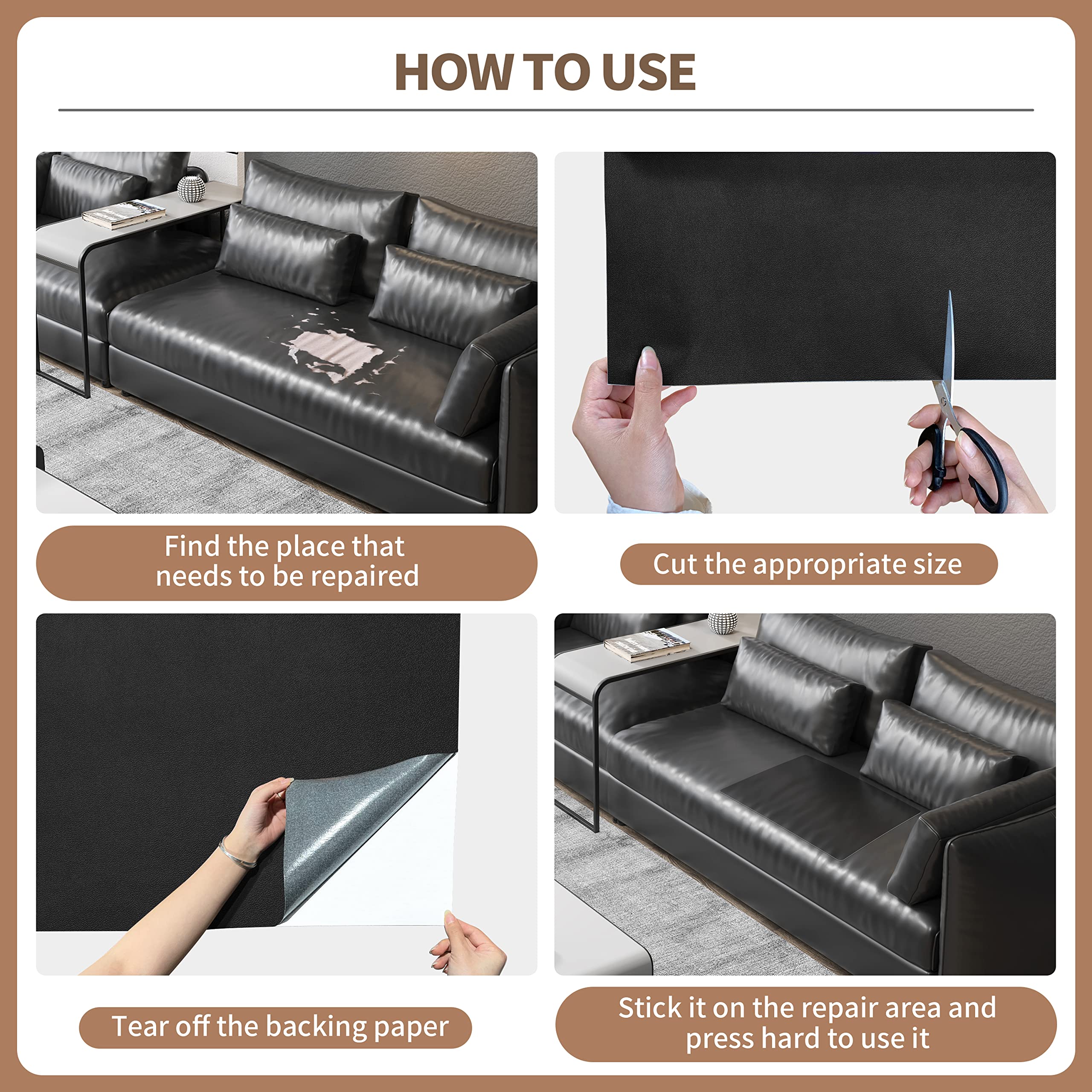 ONine Leather Repair Patch, Self-Adhesive Couch Patch, Multicolor Available Scratch Leather 16X60 Inch Peel and Stick for Sofas, Car Seats (Ink Black)