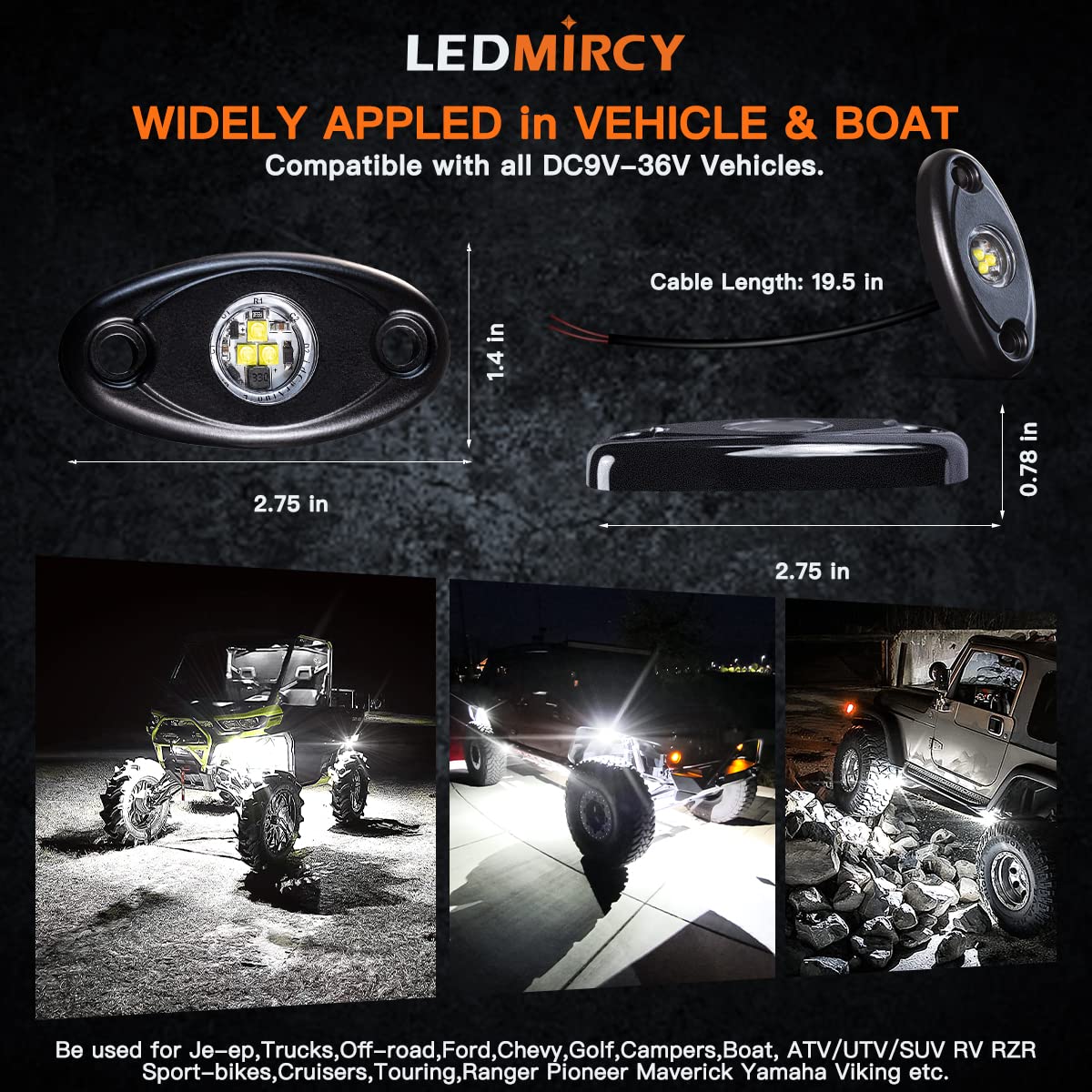 LEDMIRCY LED White Rock Lights 4PCS Super Bright Pure White Rock Lights for Off Road Trucks RZR Boat Car ATV UTV SUV Underglow Neon Lights Underbody Trail TRAI Rig Lights Waterproof Shockproof