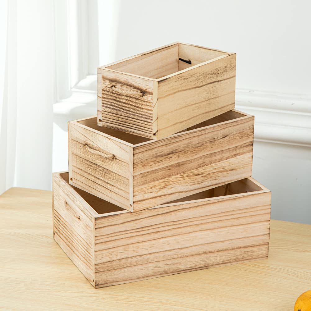 Quanshu 3-Piece Antique Wooden Nesting Storage Box With Twisted Rope Handle For Storage | Country Decoration (brown 658)