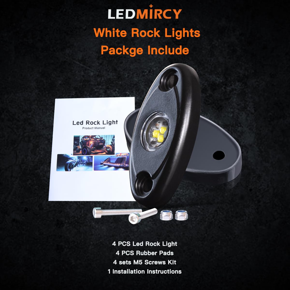LEDMIRCY LED White Rock Lights 4PCS Super Bright Pure White Rock Lights for Off Road Trucks RZR Boat Car ATV UTV SUV Underglow Neon Lights Underbody Trail TRAI Rig Lights Waterproof Shockproof