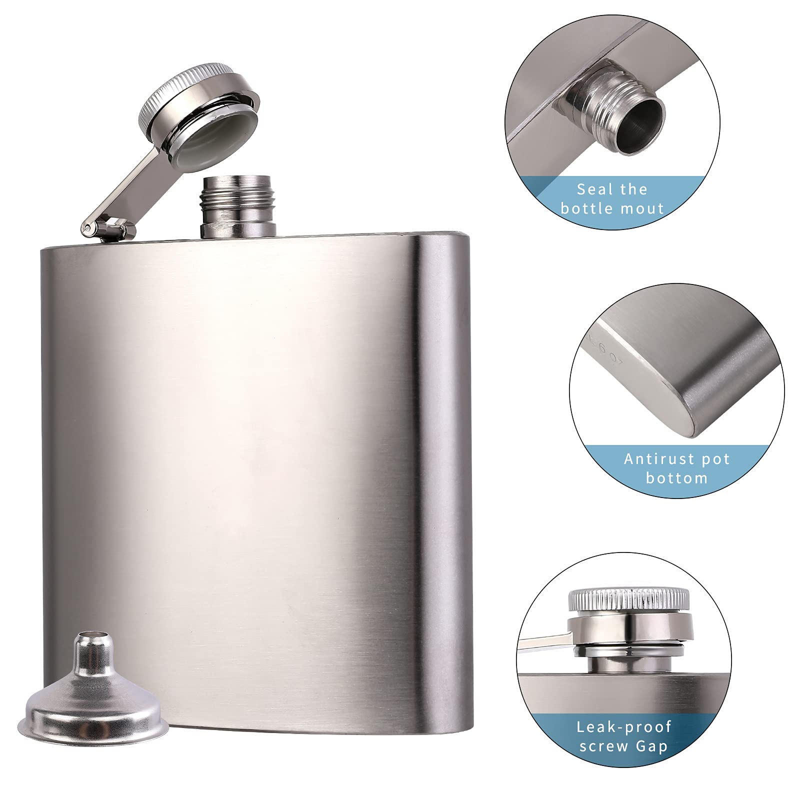 10 pcs Hip Flask for Liquor silvery 6oz Stainless Steel Leakproof with 10 pcs Funnel for Gift, Camping, Wedding Party, Groomsmen gifts