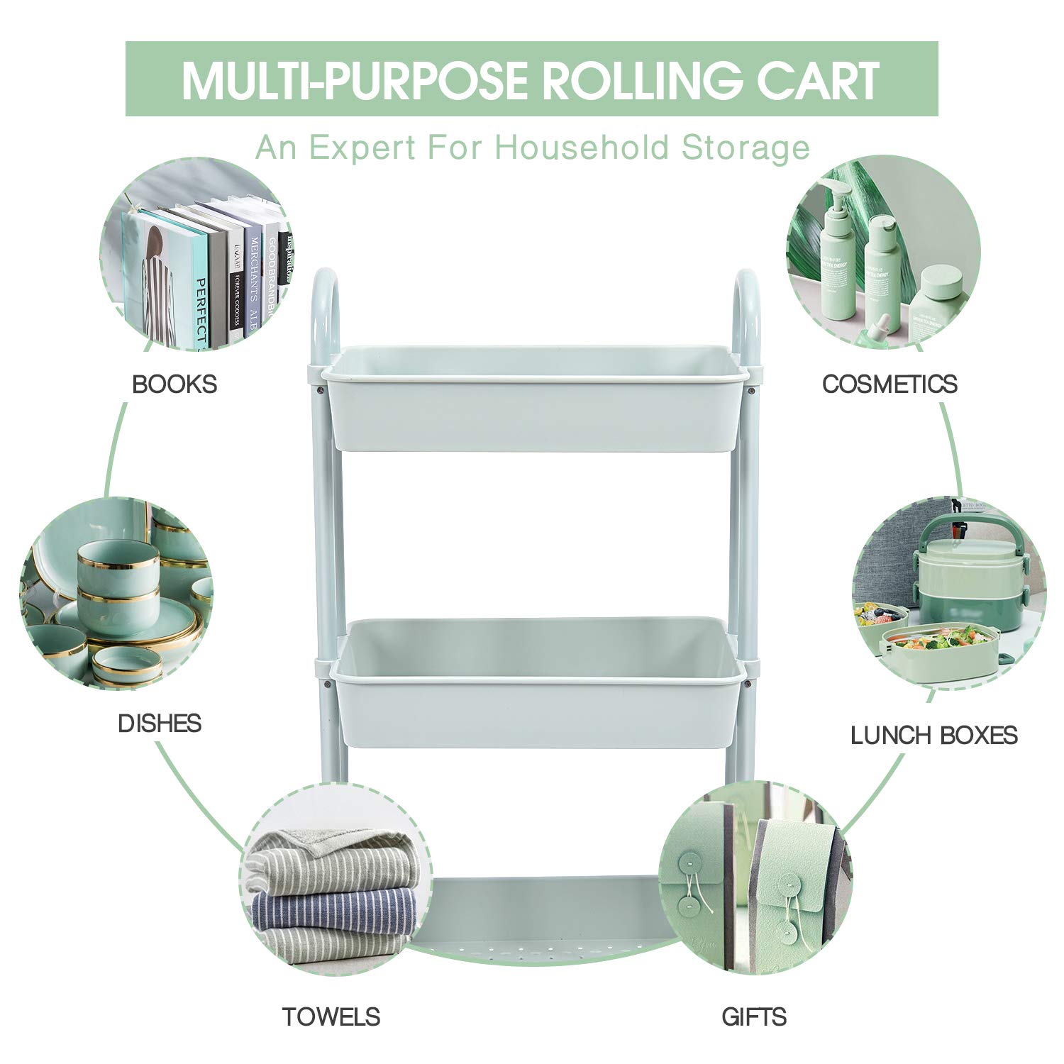 TOOLF Utility Rolling Cart with Lockable Wheels, Multi-Purpose Storage Organizer, Organizer Trolley with Handles, Serving Trolley with Mesh Basket for Home, Office, Kitchen, Bathroom (Green)
