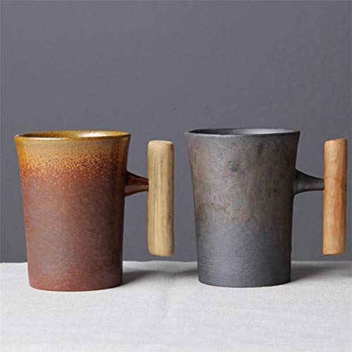 Japanese-style Vintage Ceramic Coffee Mug Tumbler Rust Glaze Tea Milk Beer Mug with Wood Handle Water Cup Home Office Drinkware (Style-4 B)