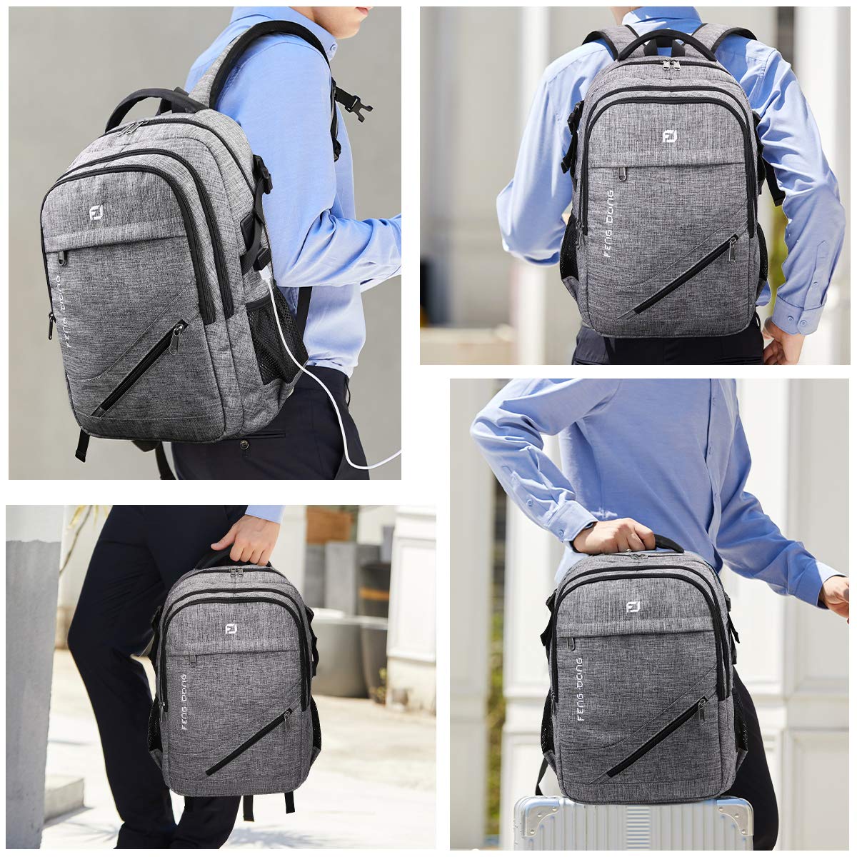 FENGDONG Large Laptop Backpack 17.3 inch Durable Waterproof Travel College Backpack Bookbag for Men & Women Business Backpack with USB Charging Port and Headset Port Dark Gray