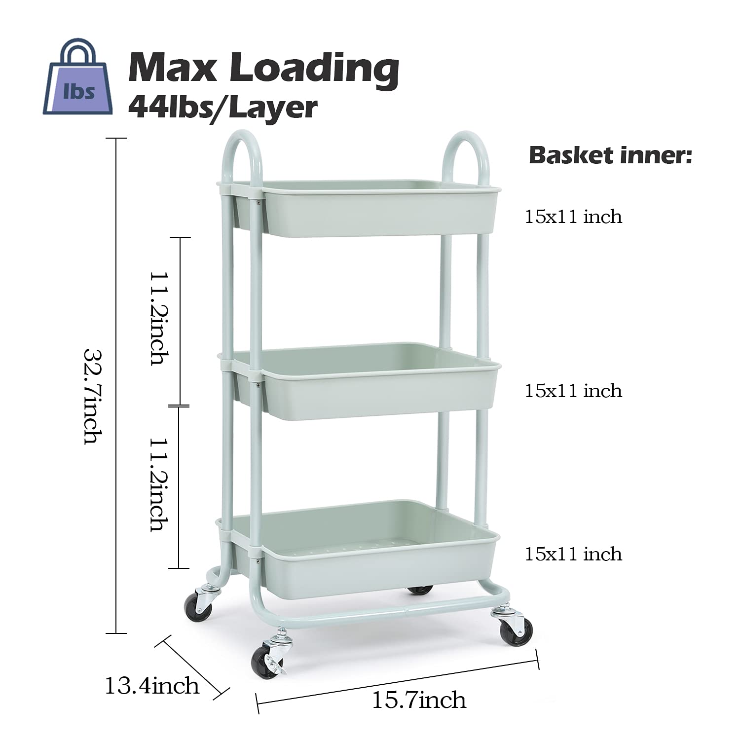 TOOLF Utility Rolling Cart with Lockable Wheels, Multi-Purpose Storage Organizer, Organizer Trolley with Handles, Serving Trolley with Mesh Basket for Home, Office, Kitchen, Bathroom (Green)