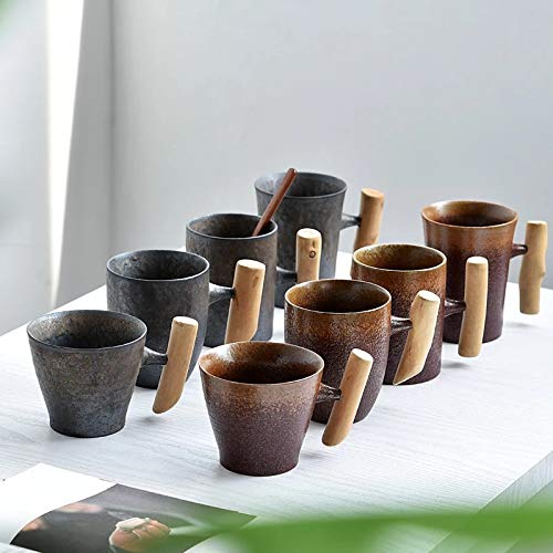 Japanese-style Vintage Ceramic Coffee Mug Tumbler Rust Glaze Tea Milk Beer Mug with Wood Handle Water Cup Home Office Drinkware (Style-4 B)