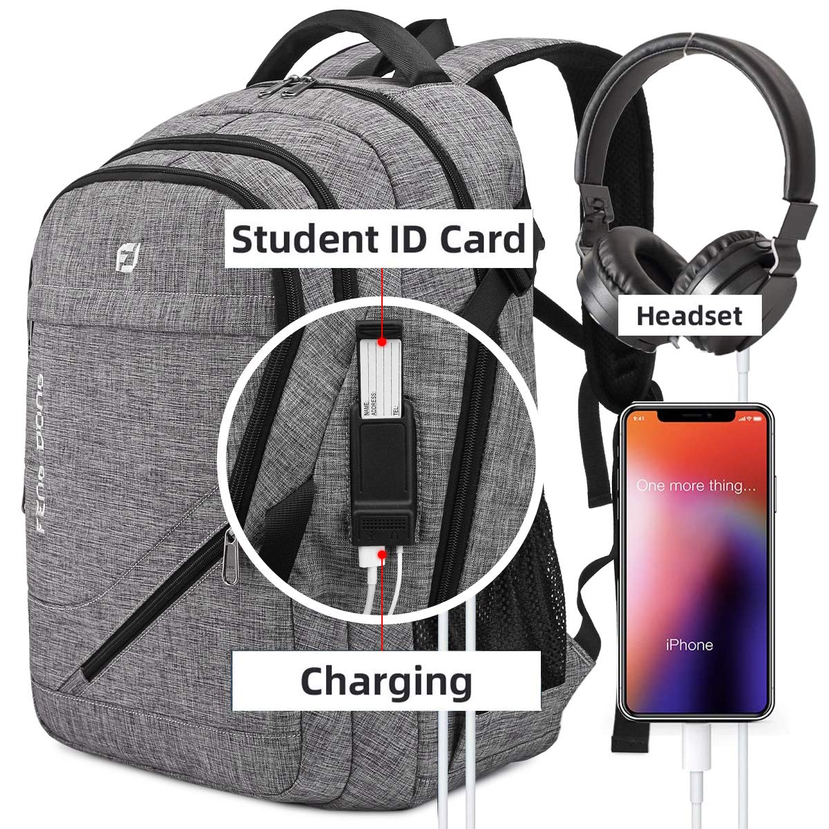 FENGDONG Large Laptop Backpack 17.3 inch Durable Waterproof Travel College Backpack Bookbag for Men & Women Business Backpack with USB Charging Port and Headset Port Dark Gray