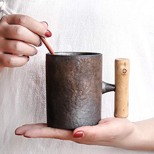 Japanese-style Vintage Ceramic Coffee Mug Tumbler Rust Glaze Tea Milk Beer Mug with Wood Handle Water Cup Home Office Drinkware (Style-4 B)
