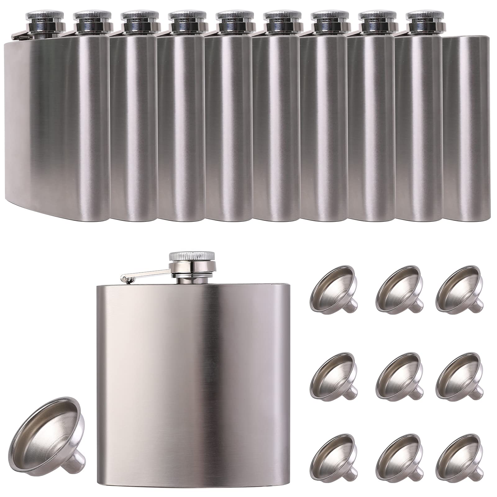 10 pcs Hip Flask for Liquor silvery 6oz Stainless Steel Leakproof with 10 pcs Funnel for Gift, Camping, Wedding Party, Groomsmen gifts