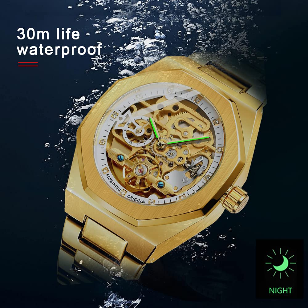 Tiong Steampunk Tourbillon Design Watch Golden Stainless Steel Waterproof Men Automatic Mechanical Wristwatch