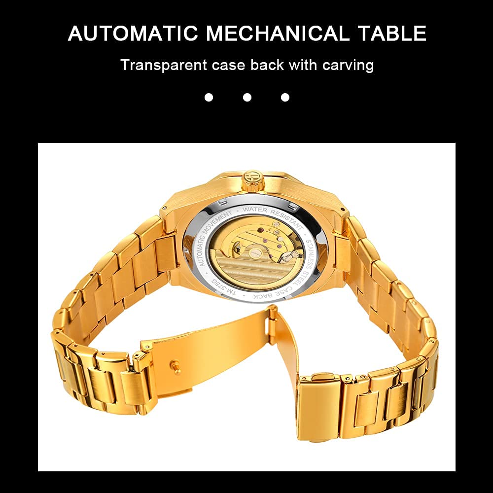 Tiong Steampunk Tourbillon Design Watch Golden Stainless Steel Waterproof Men Automatic Mechanical Wristwatch